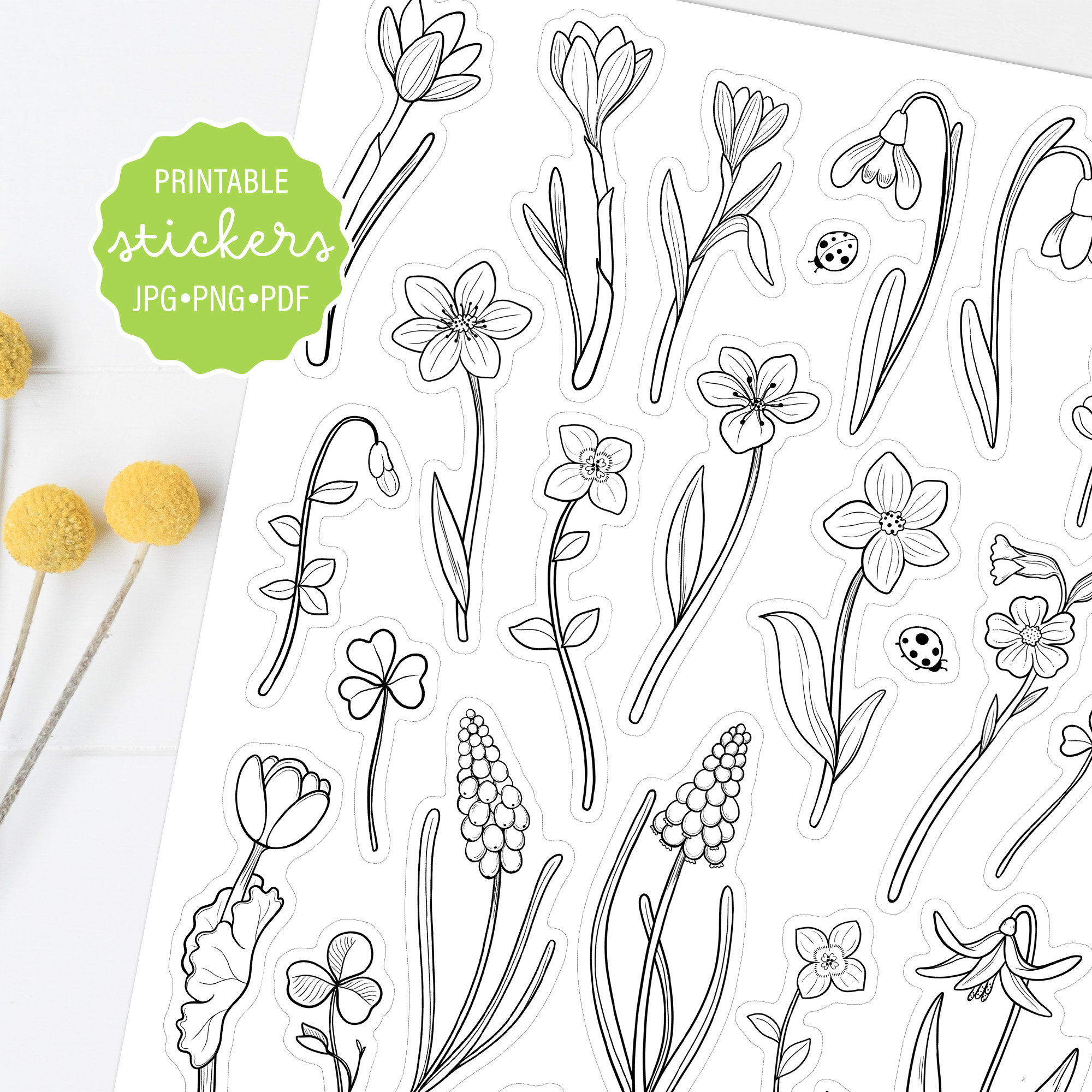 Spring Wildflower Coloring Printable Stickers, Floral Decorative ...