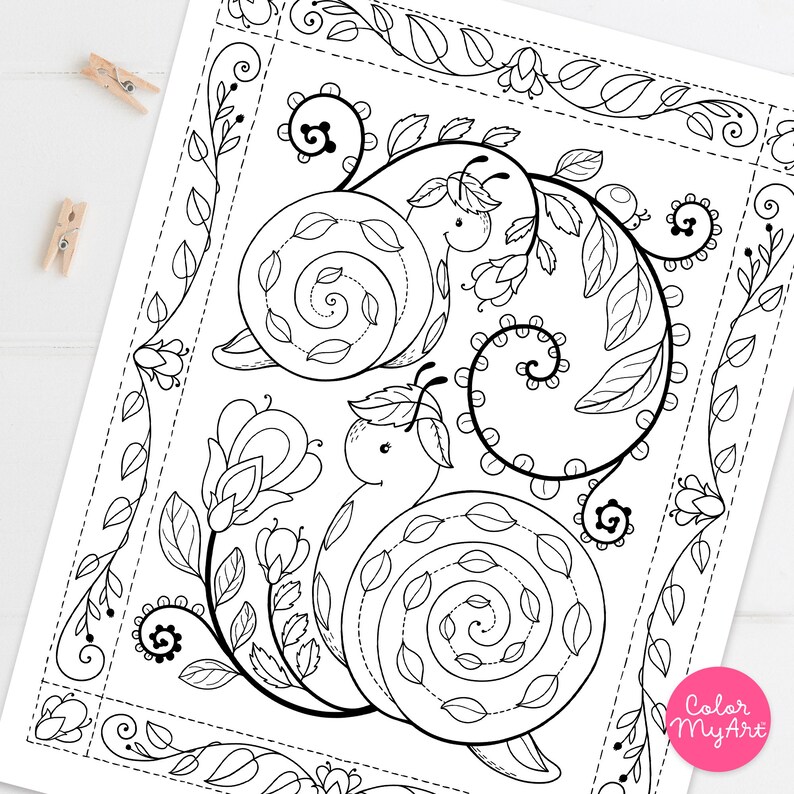 Cute Snails Coloring Page, Forest Snail Coloring Sheet, Whimsical ...