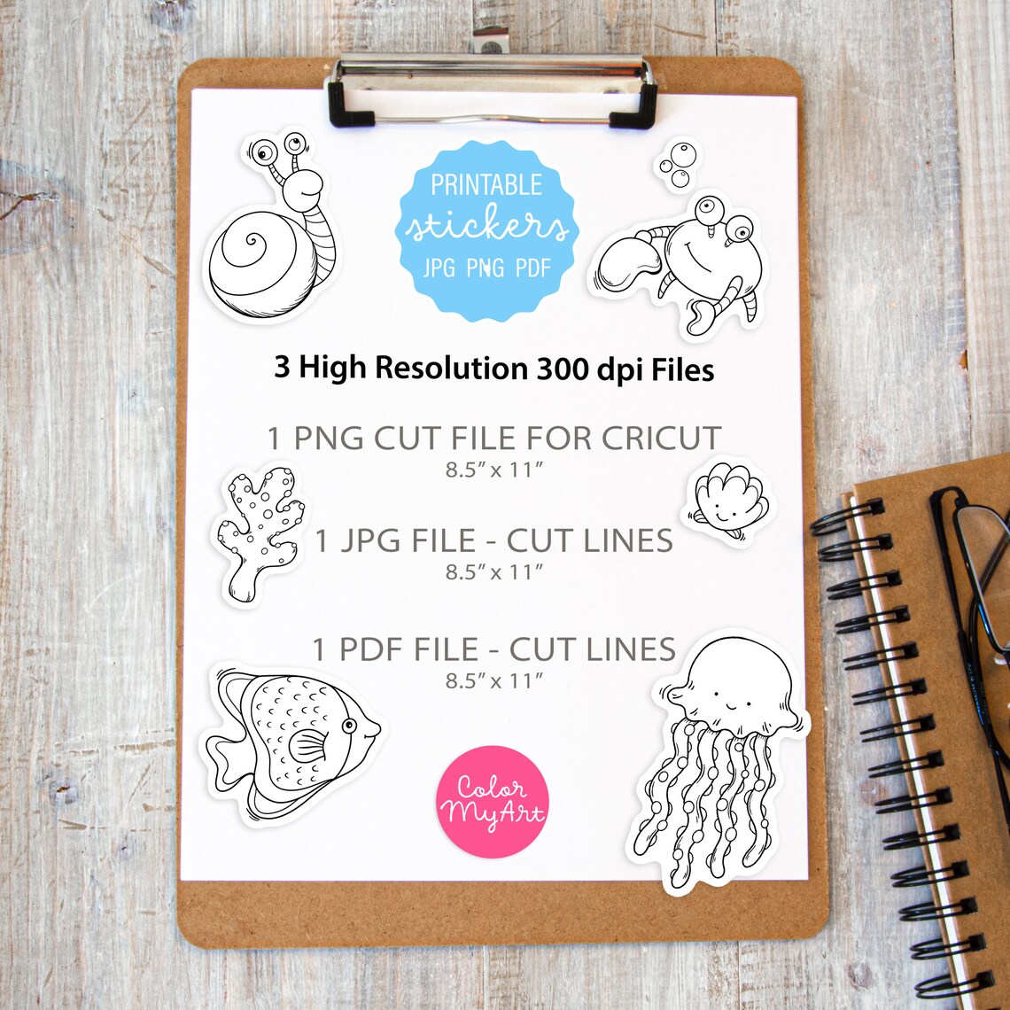 Cute Sea Animals Coloring Printable Stickers, Cute Sea Critters ...