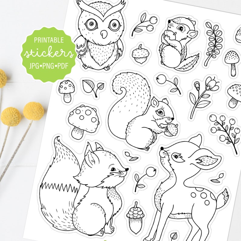 Cute Forest Animals Coloring Printable Stickers Cute Woodland - Etsy