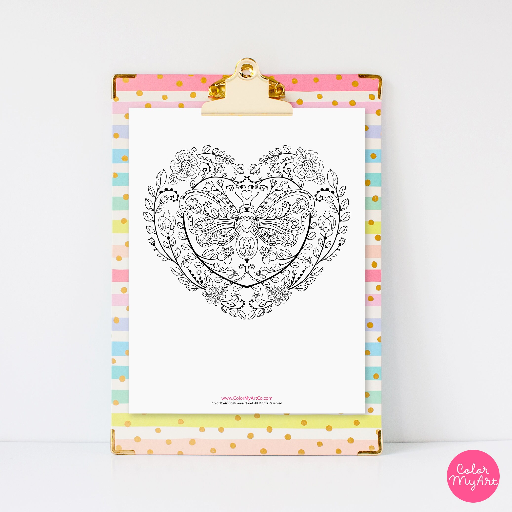 Bee and Butterfly Coloring Pages, Folk Art Heart Coloring Sheets, Set ...