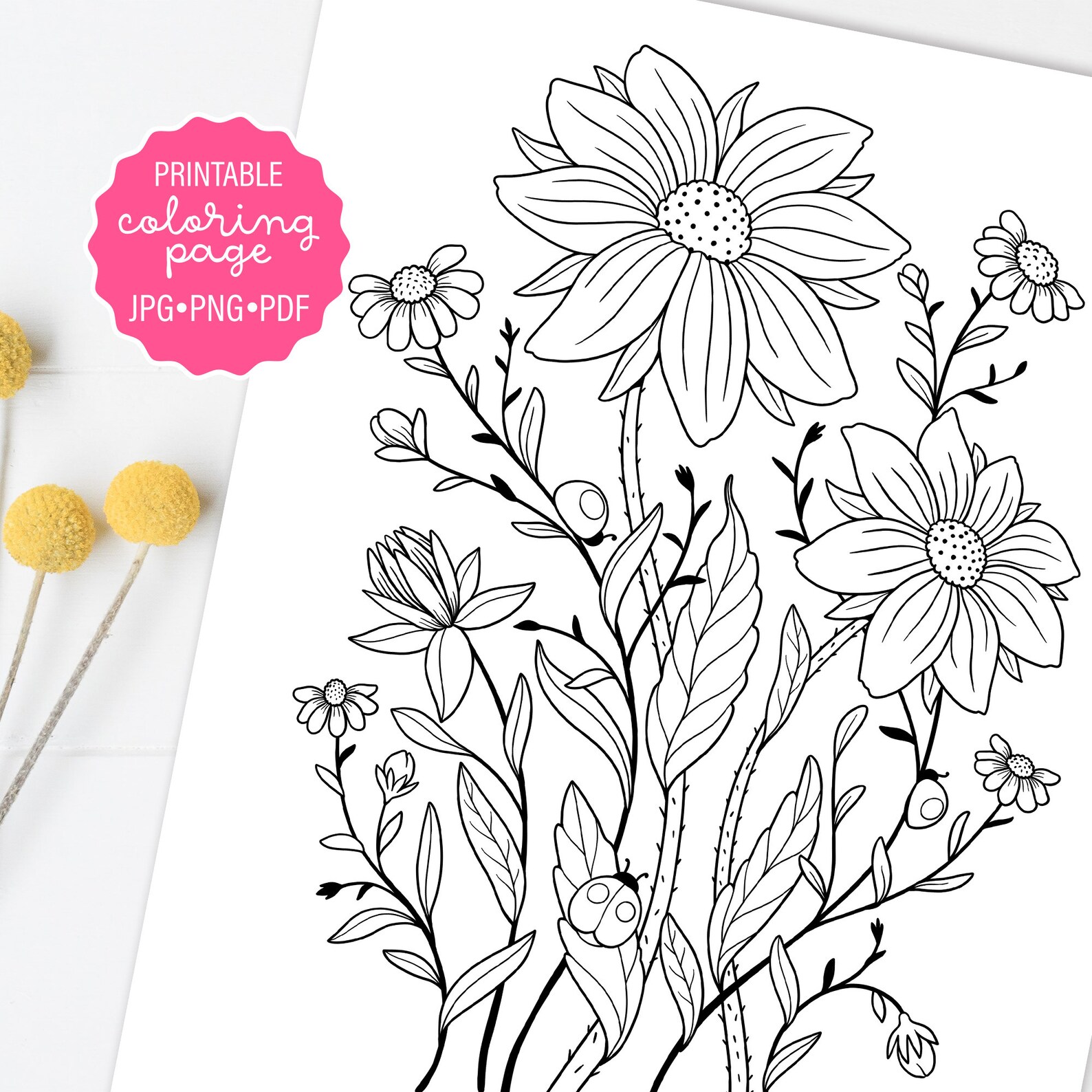 Wildflowers Coloring Page, Flowers and Ladybugs Botanical Coloring ...
