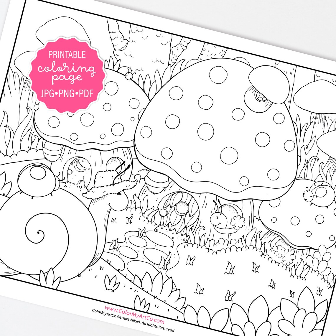 Snail Coloring Page, Mushroom Coloring Sheet, Cute Mushroom House, Cute ...