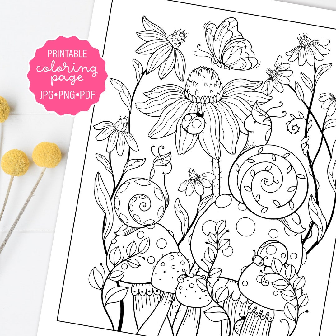 Cute Snails and Ladybugs Coloring Page, Wildflowers Coloring Sheet ...
