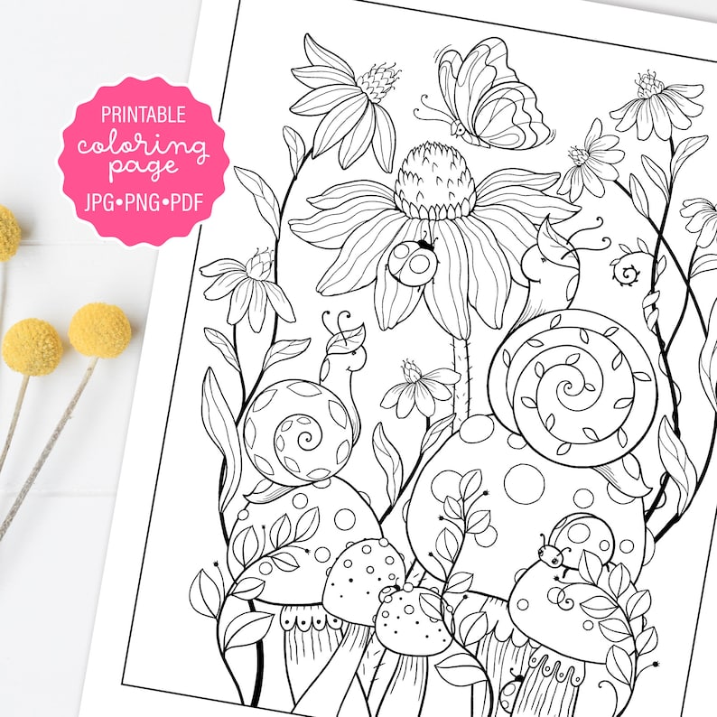 Cute Snails and Ladybugs Coloring Page, Wildflowers Coloring Sheet ...