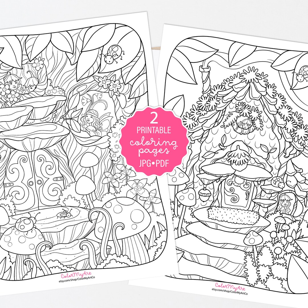 Cute Woodland Fairies Coloring Pages, 2 Page Set, Whimsical Coloring ...