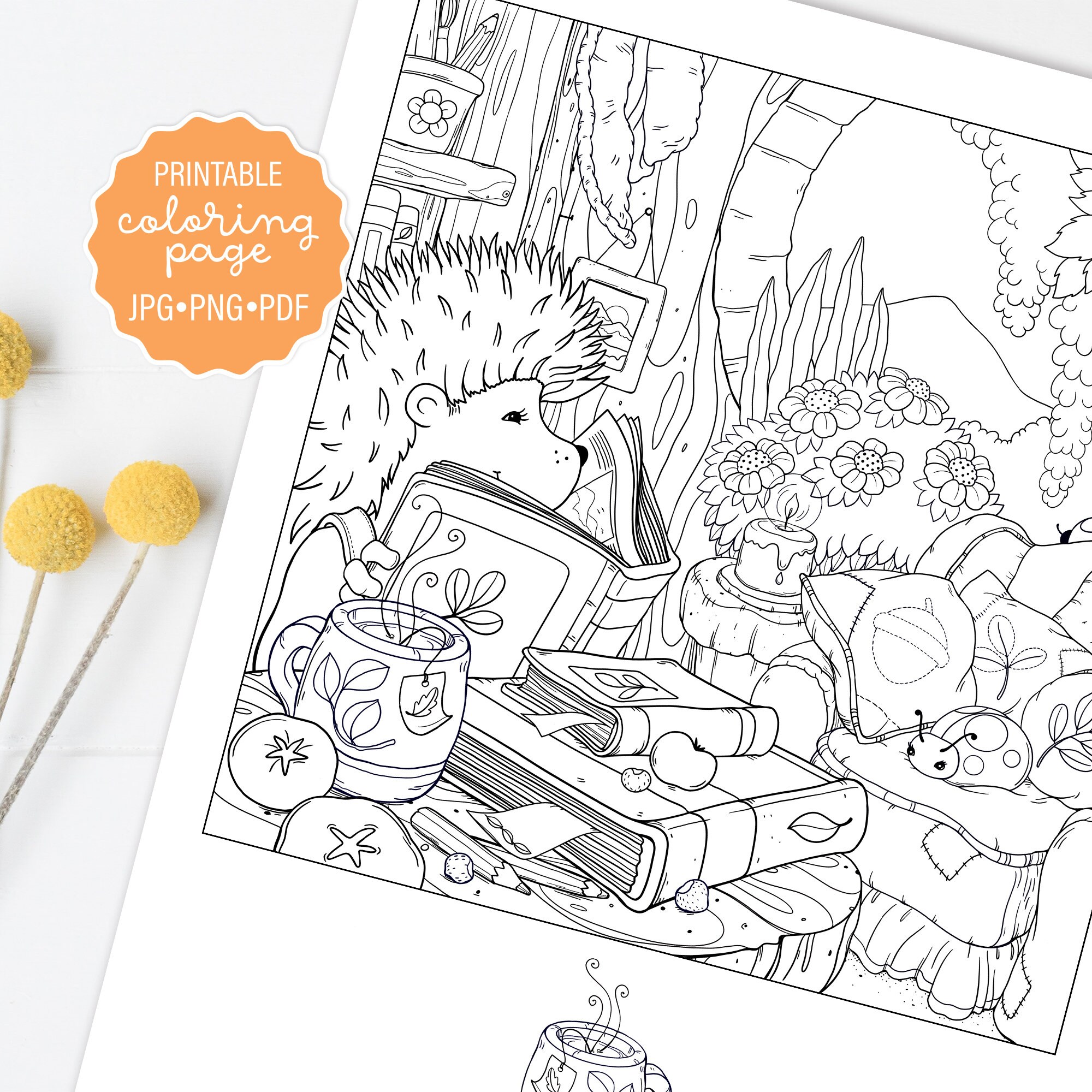 Cute Hedgehog Coloring Page, Whimsical Hedgehog, Cottage Core Coloring ...