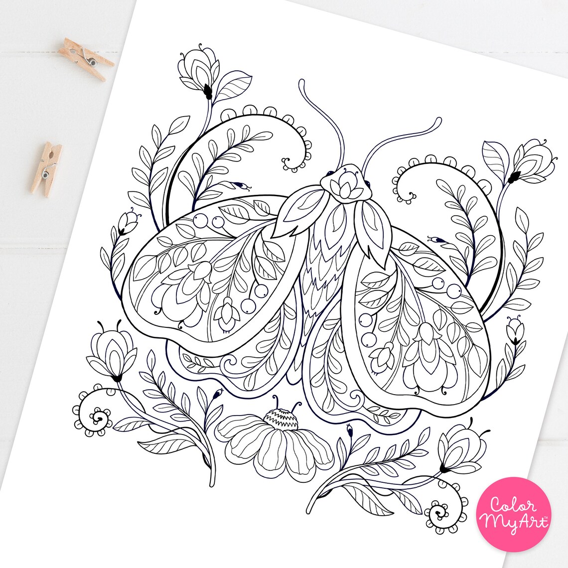 Moth Coloring Page, Folk Art Moth Coloring Sheet, Moth and Flowers ...