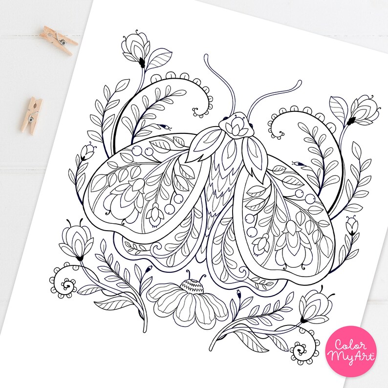 Moth Coloring Page, Folk Art Moth Coloring Sheet, Moth and Flowers ...