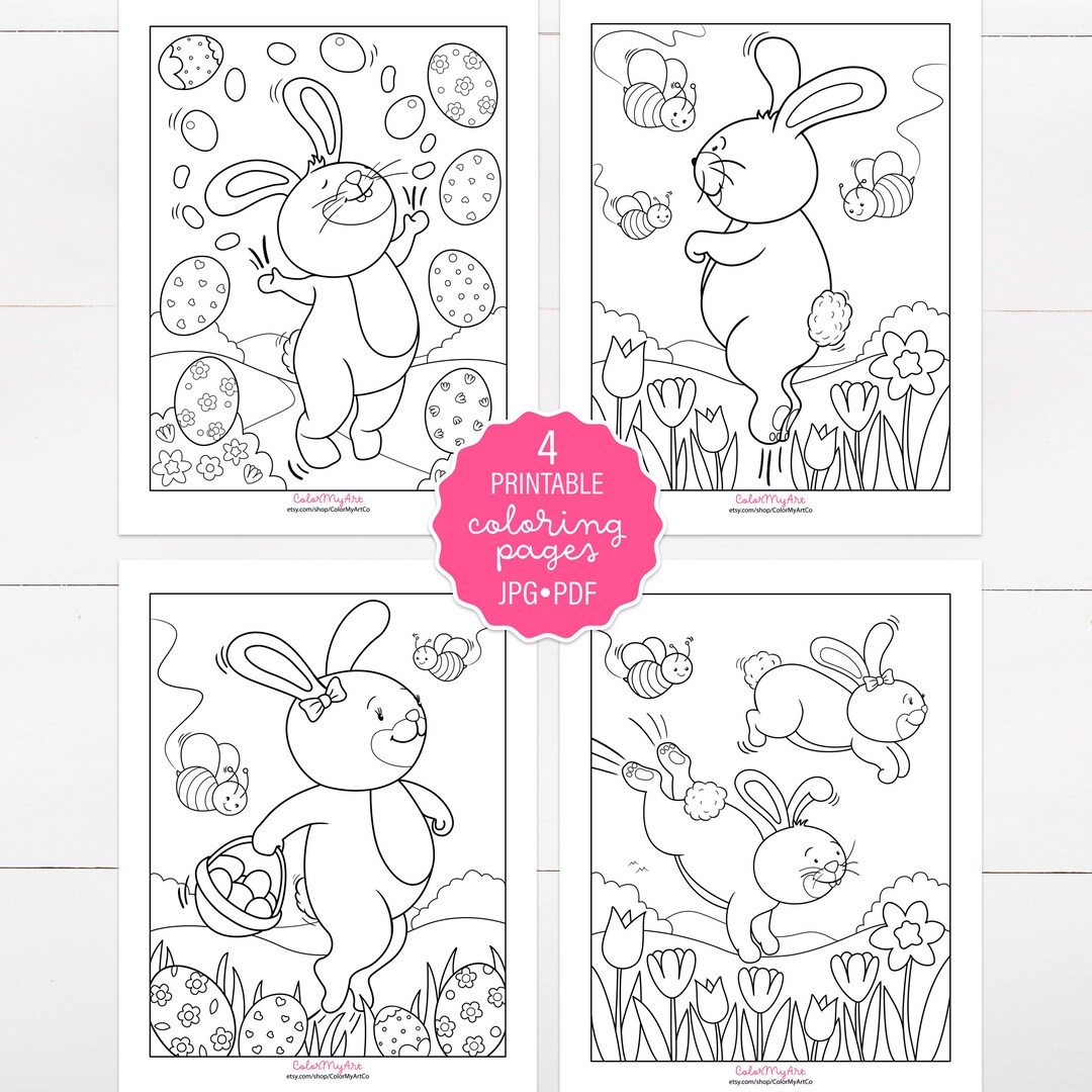 Easter Bunny Coloring Pages, Cute Bunnies 4 Page Set, Coloring for Kids ...