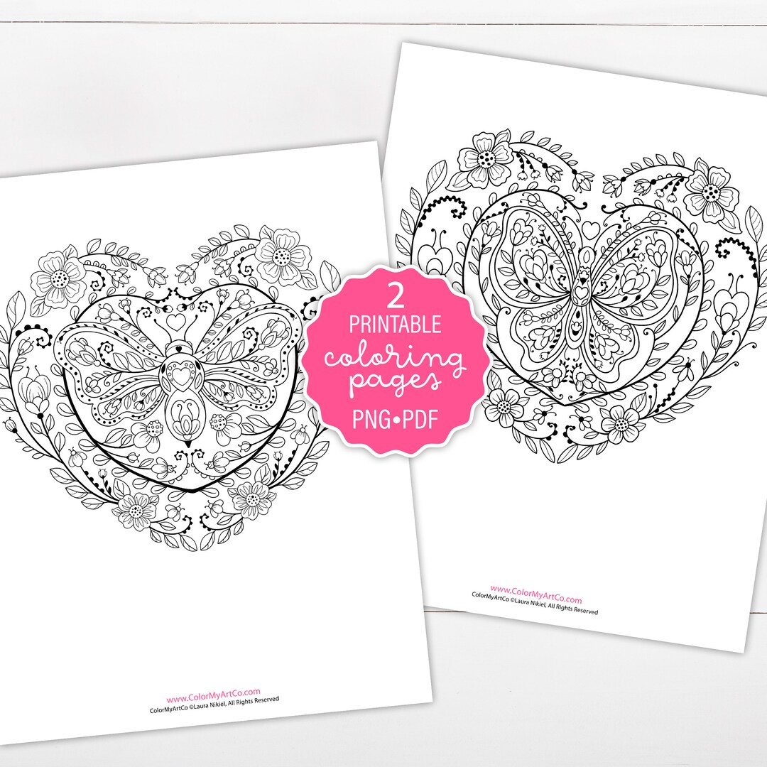 Bee and Butterfly Coloring Pages, Folk Art Heart Coloring Sheets, Set ...