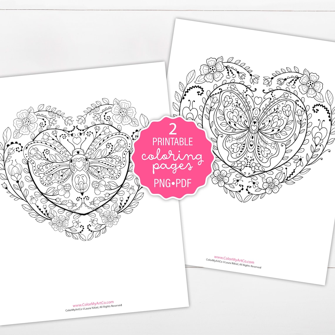 Bee and Butterfly Coloring Pages, Folk Art Heart Coloring Sheets, Set ...