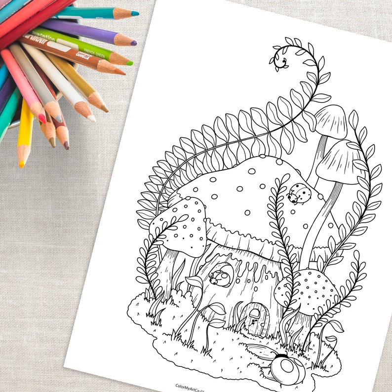 Cute Ladybug Mushroom Home Coloring Page Whimsical Woodland - Etsy