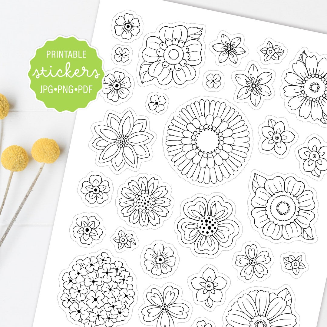 Flower Coloring Printable Stickers, Floral Decorative Stickers, Flower ...