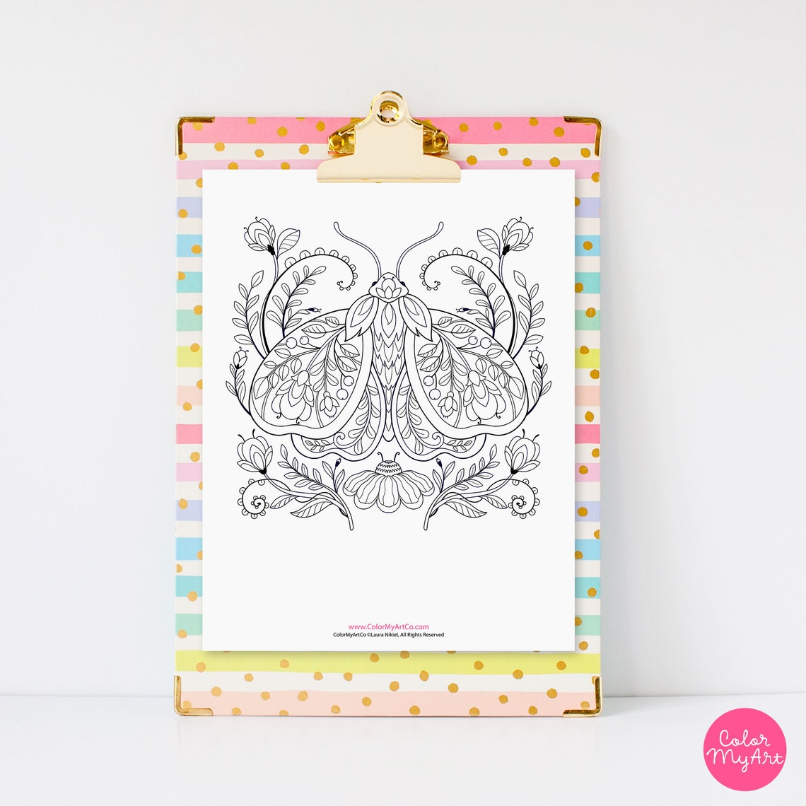 Moth Coloring Page, Folk Art Moth Coloring Sheet, Moth and Flowers ...