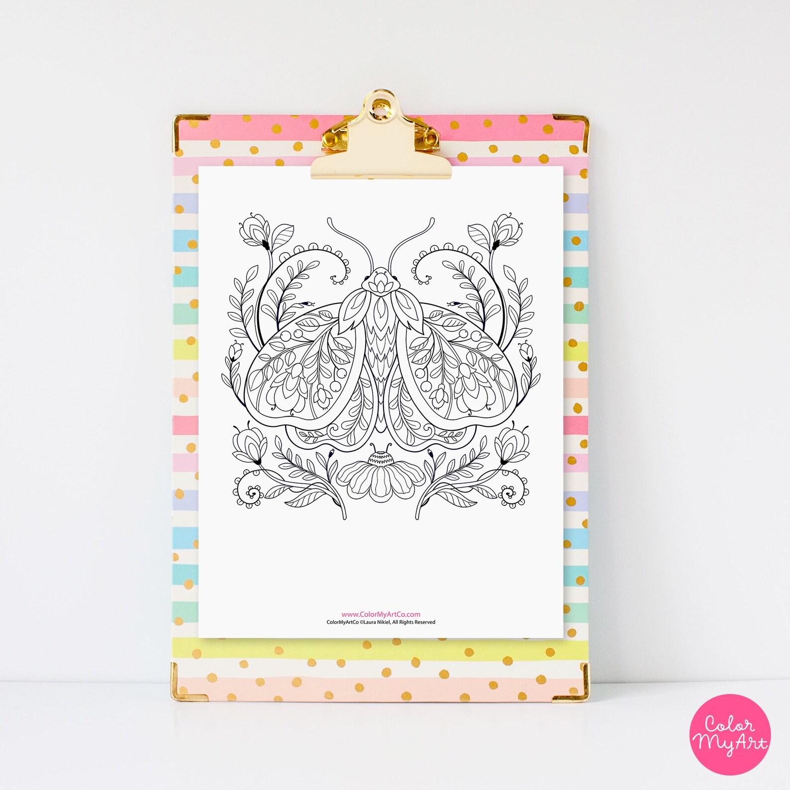 Moth Coloring Page, Folk Art Moth Coloring Sheet, Moth and Flowers ...