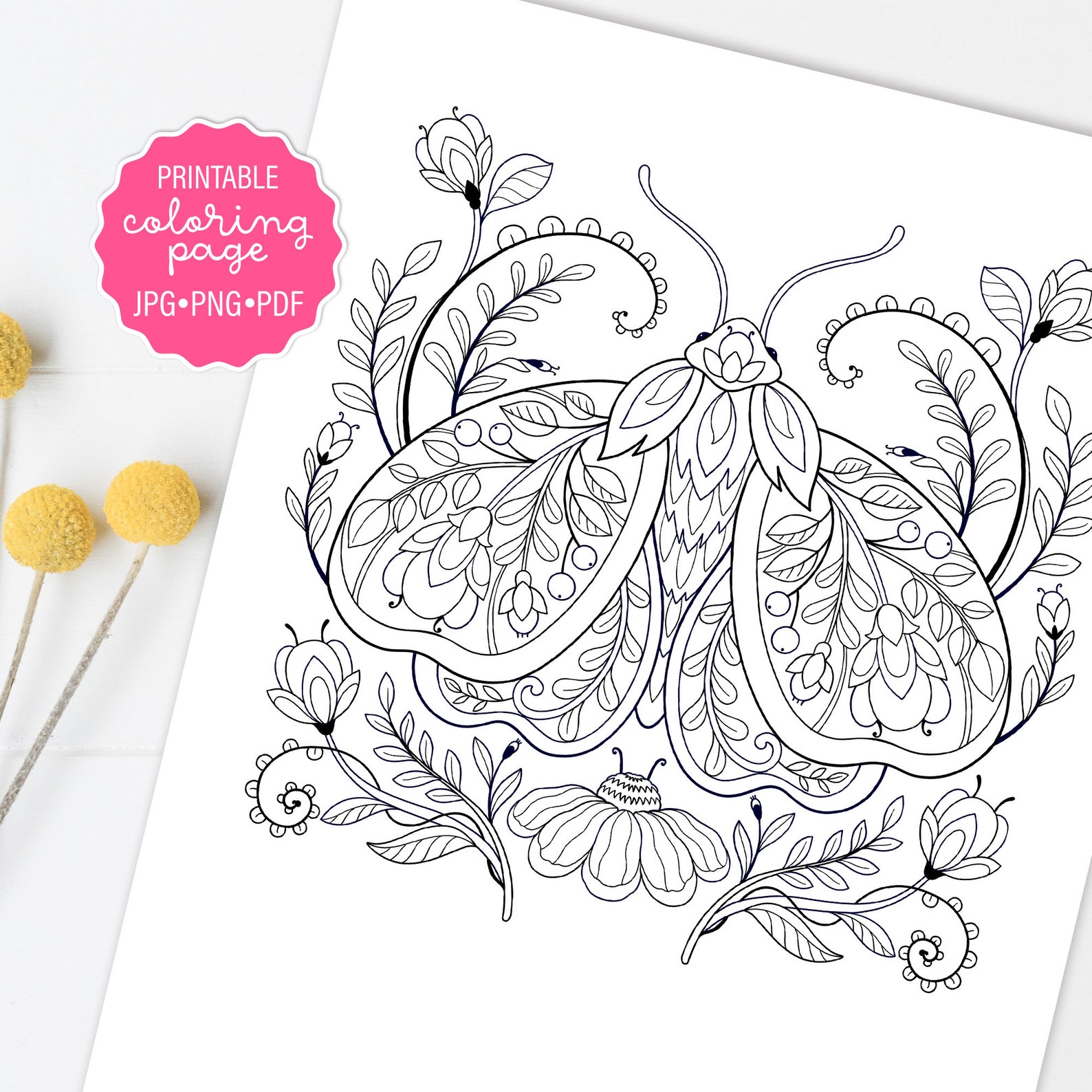 Moth Coloring Page, Folk Art Moth Coloring Sheet, Moth and Flowers ...