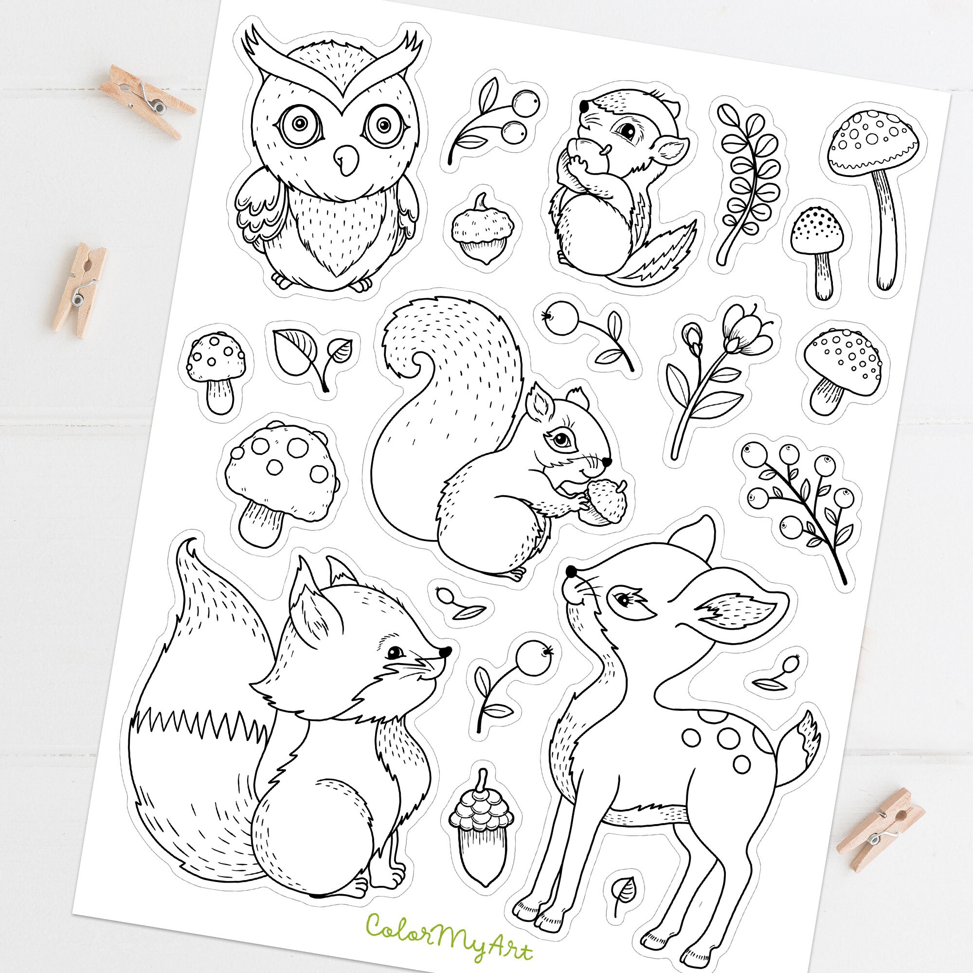 Cute Forest Animals Coloring Printable Stickers Cute Woodland - Etsy