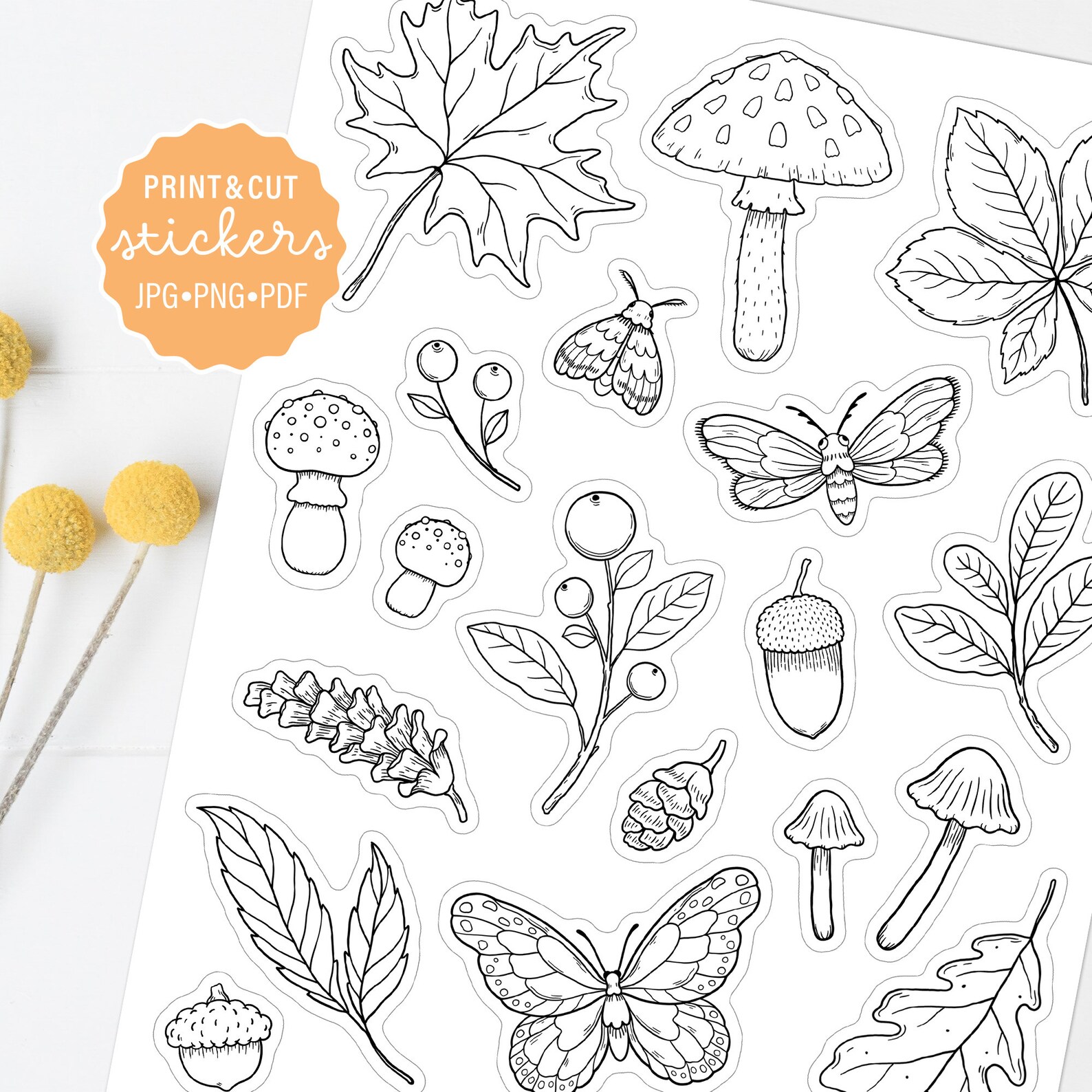 Fall Forest Coloring Printable Stickers, Autumn Leaves, Mushroom and ...