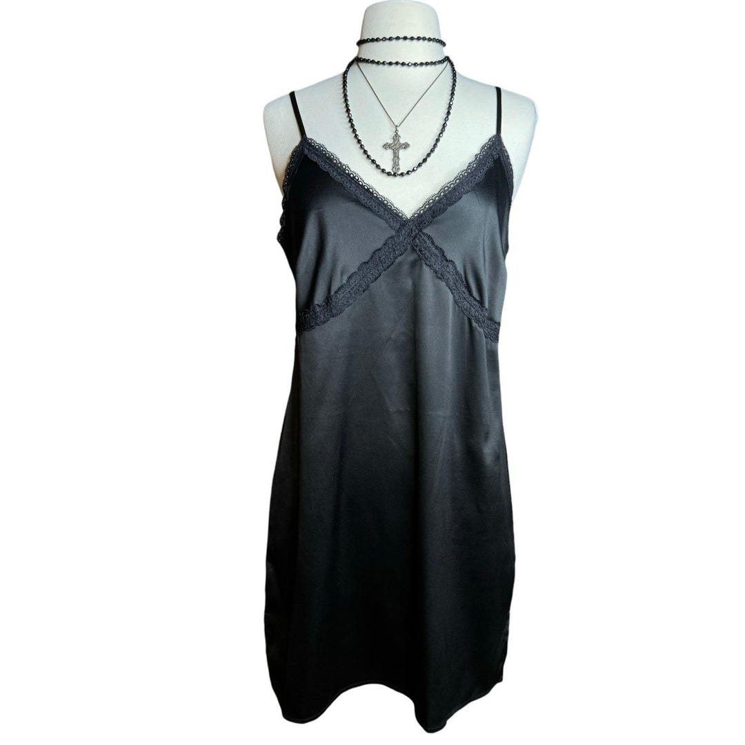 Indie Sleaze Goth Slip Dress Lace Trim Women's Small Fits Junior M/L ...