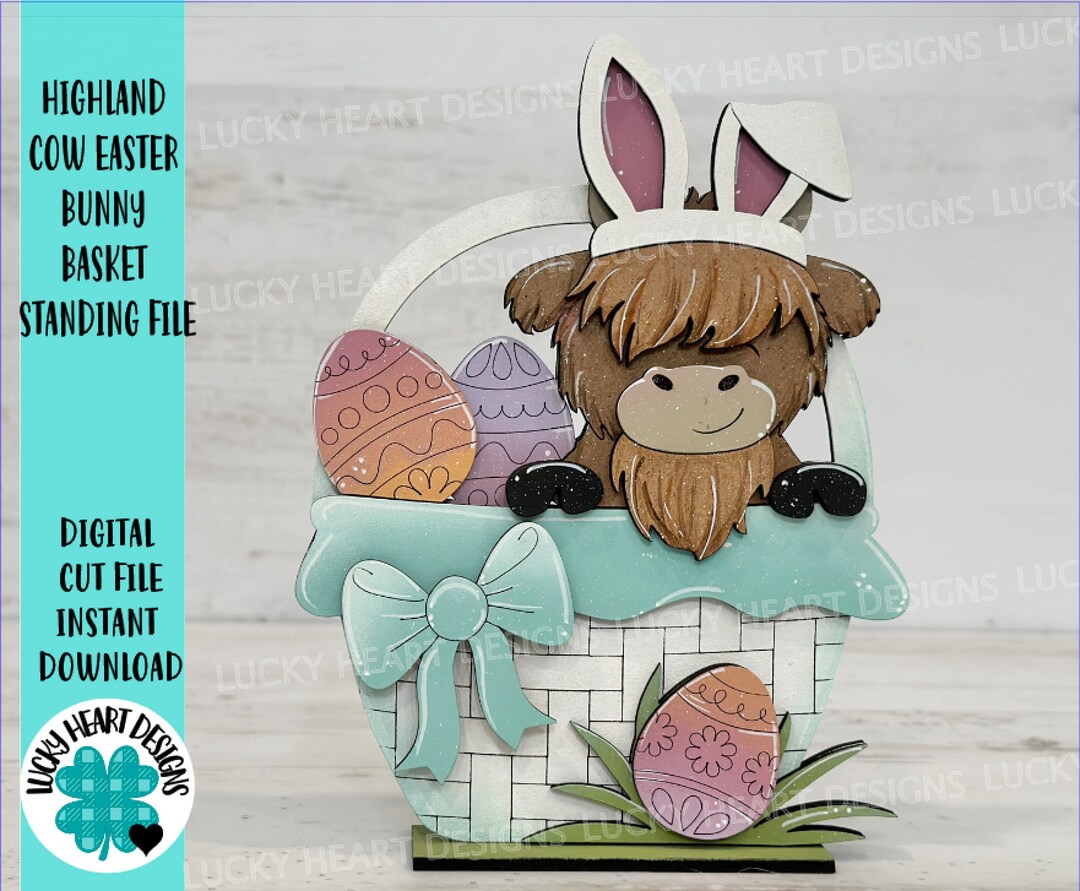 Highland Cow Easter Bunny Basket File SVG, Glowforge Tiered Tray, Farm ...