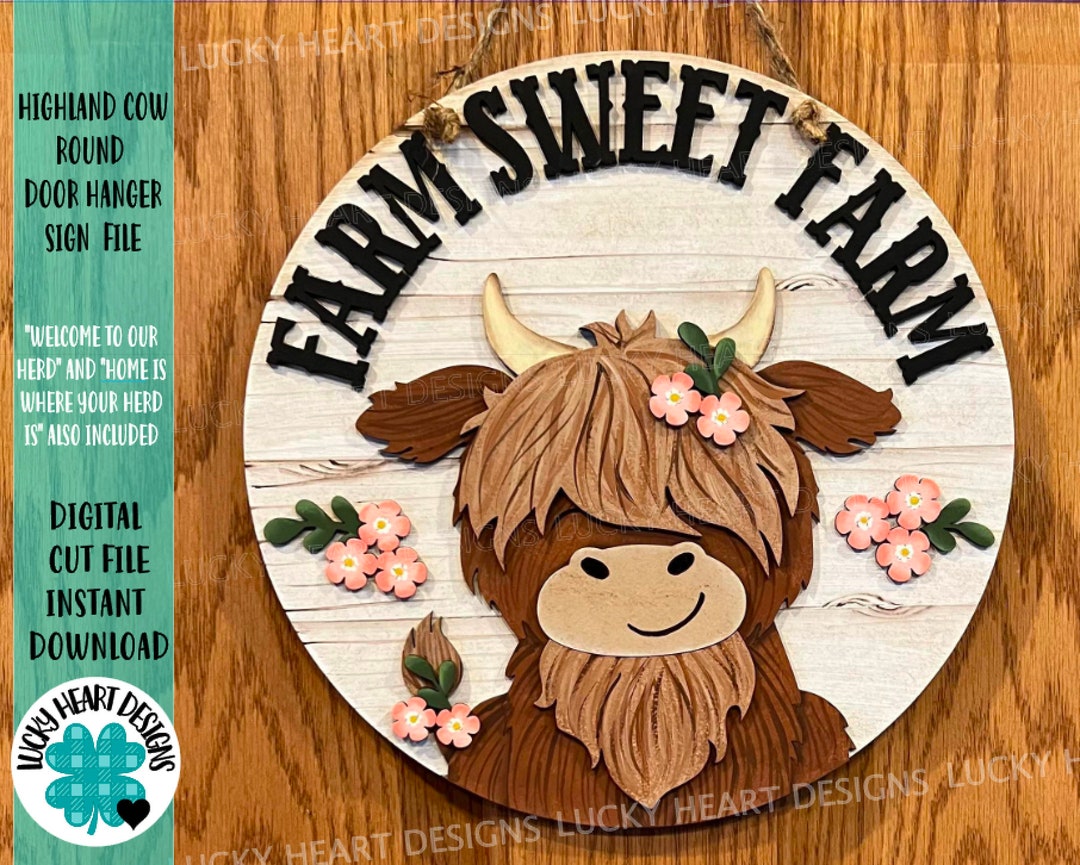 Highland Cow Round Door Hanger File SVG, Farm Glowforge ...