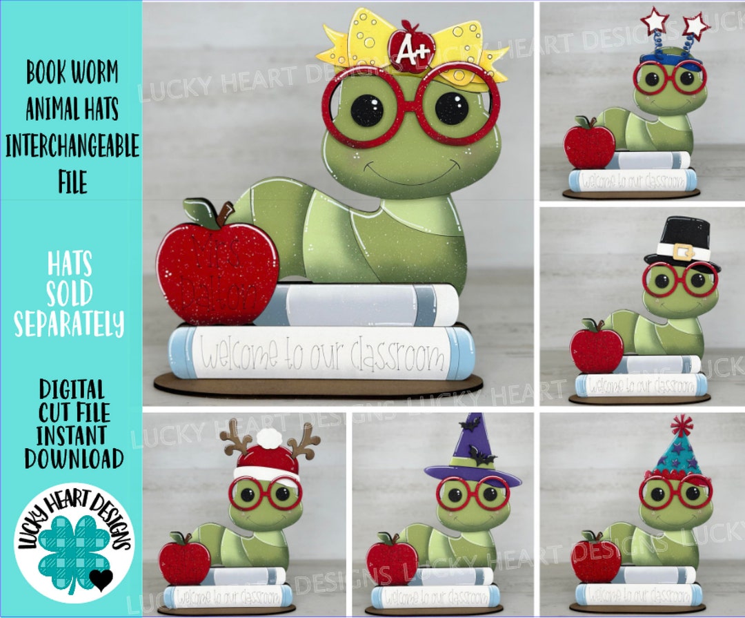 Book Worm Animal Hats Interchangeable File SVG, Seasonal Leaning Sign ...