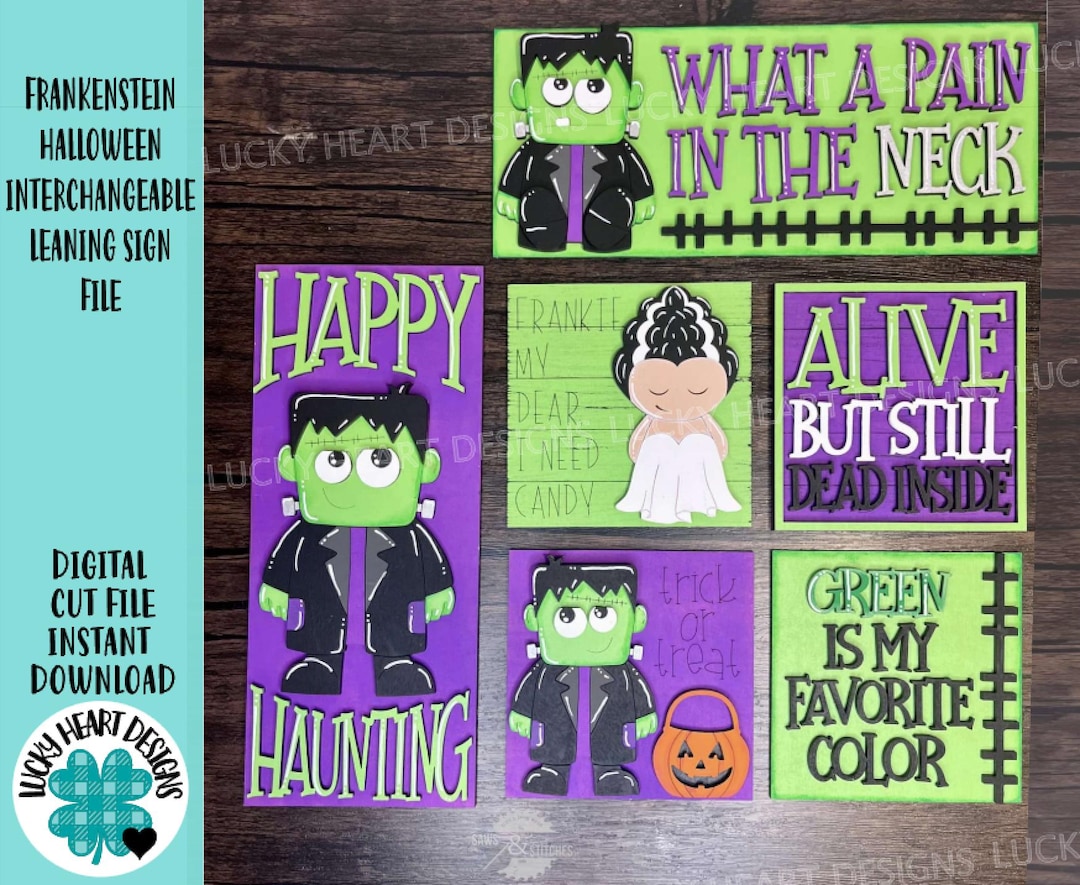Frankenstein Halloween Interchangeable Leaning Sign File SVG, Trick or ...