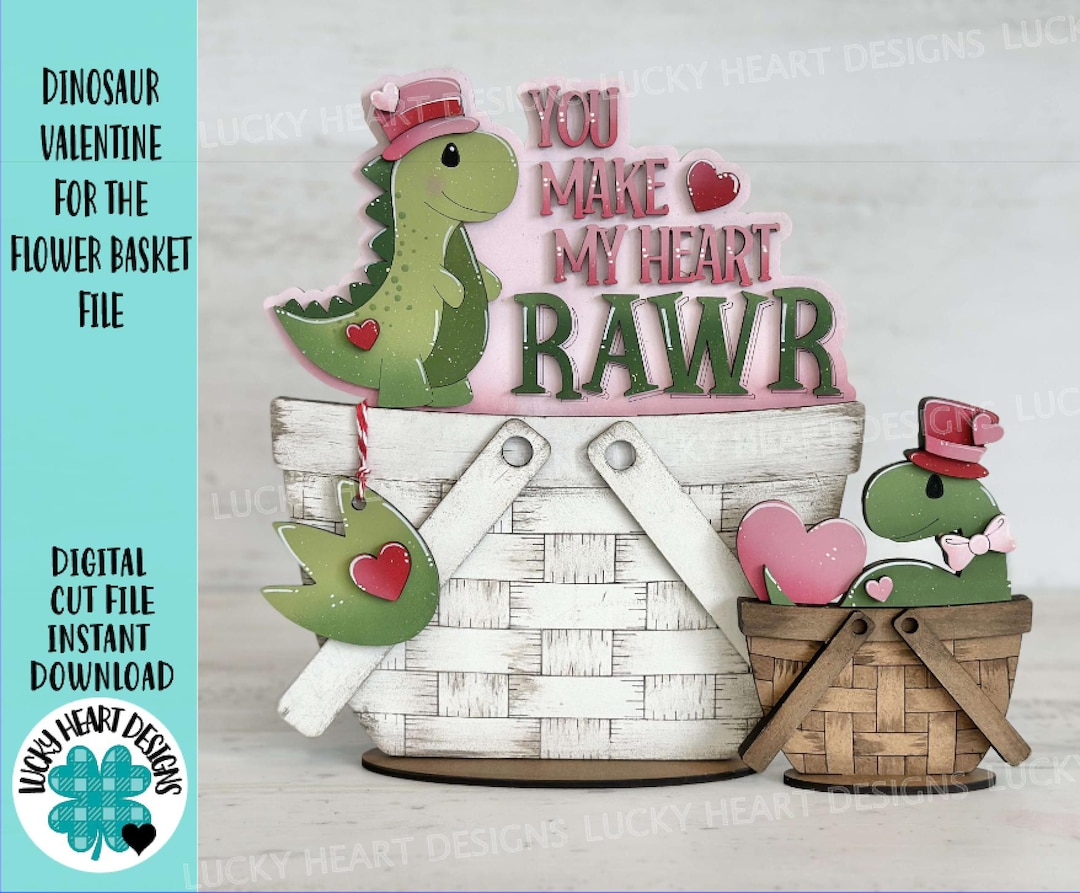 Dinosaur Valentine for the Flower Basket Interchangeable File SVG, Heart Love, TINY Rawr, Roar ...