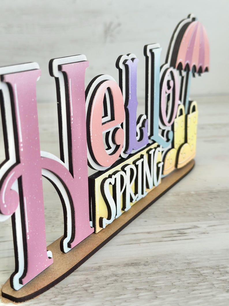 Hello Spring Shelf Sitter Sign File SVG, Tiered Tray Spring, Umbrellas ...