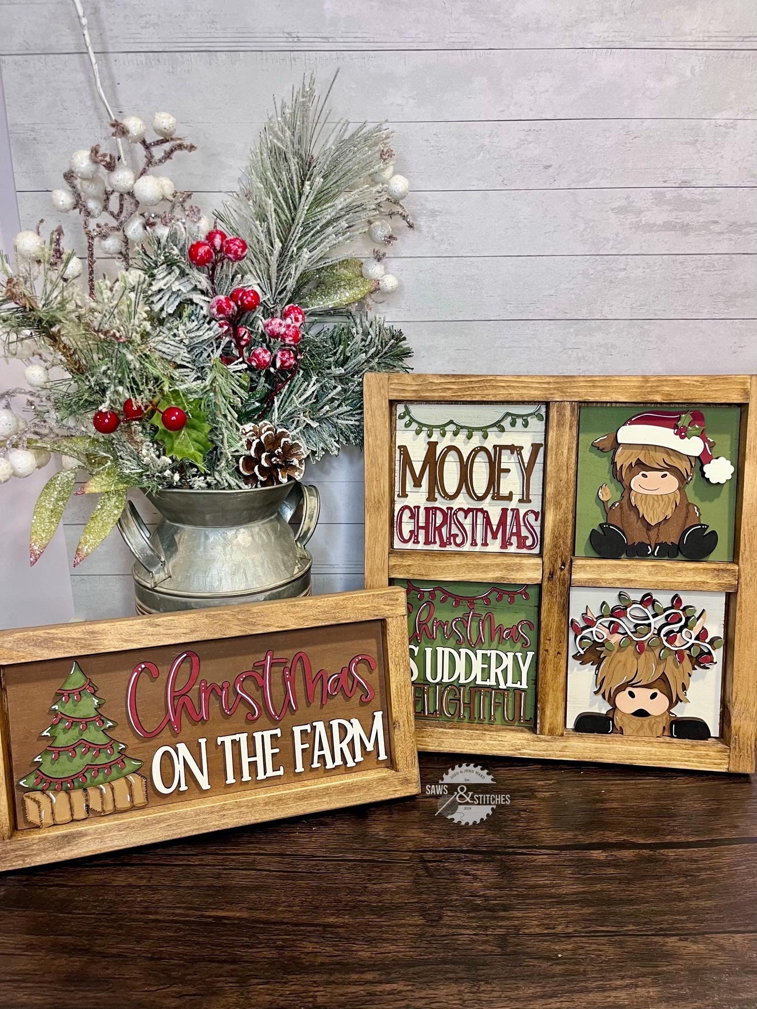 Highland Christmas Interchangeable Leaning Sign File SVG, Cow Farm Tree ...
