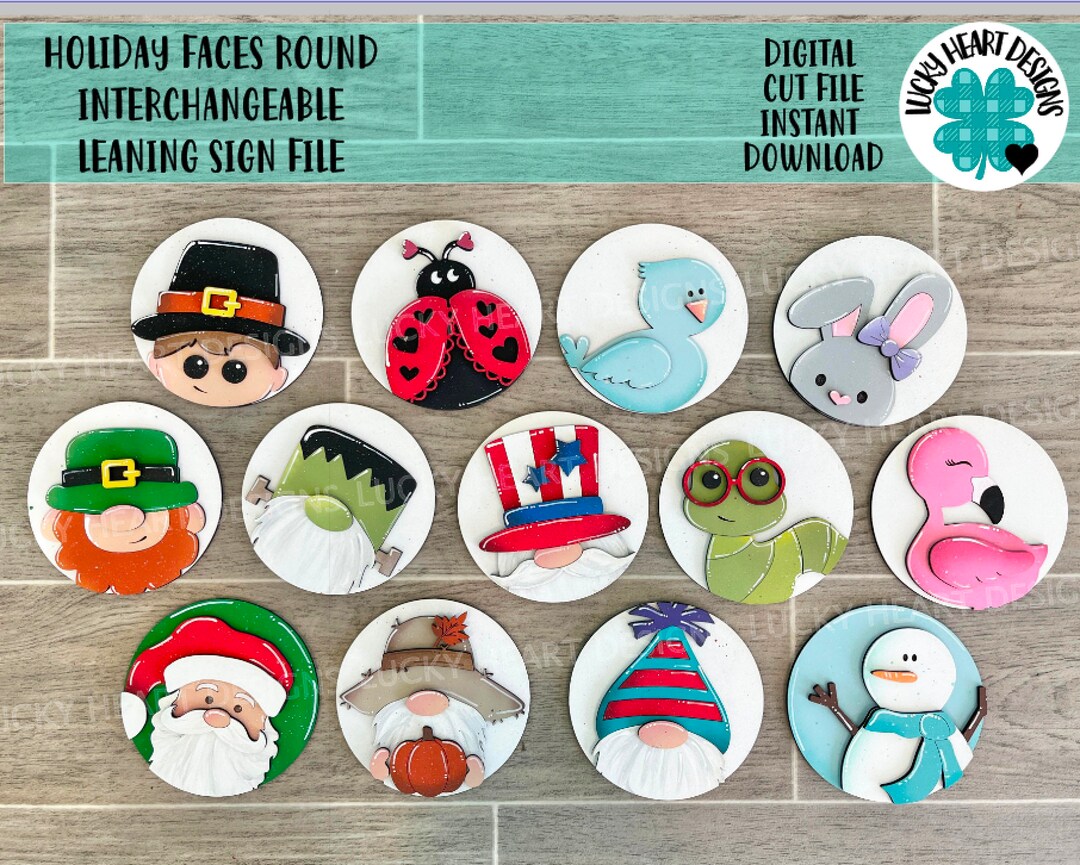 Holiday Faces Round Interchangeable Leaning Sign File SVG, Leaning ...