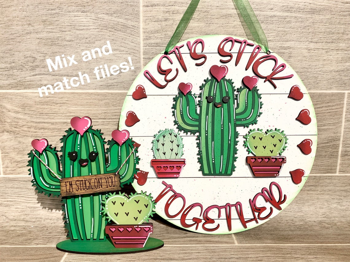 Let's Stick Together Cactus Valentines Door Hanger File - Etsy