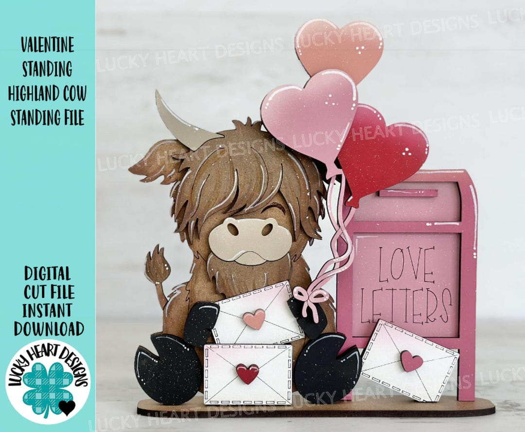 Valentine Standing Highland Cow File SVG, Balloon, Love, Heart, Farm ...