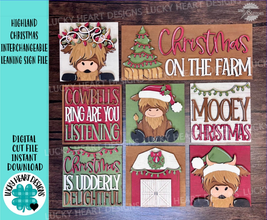 Highland Christmas Interchangeable Leaning Sign File SVG, Cow Farm Tree ...
