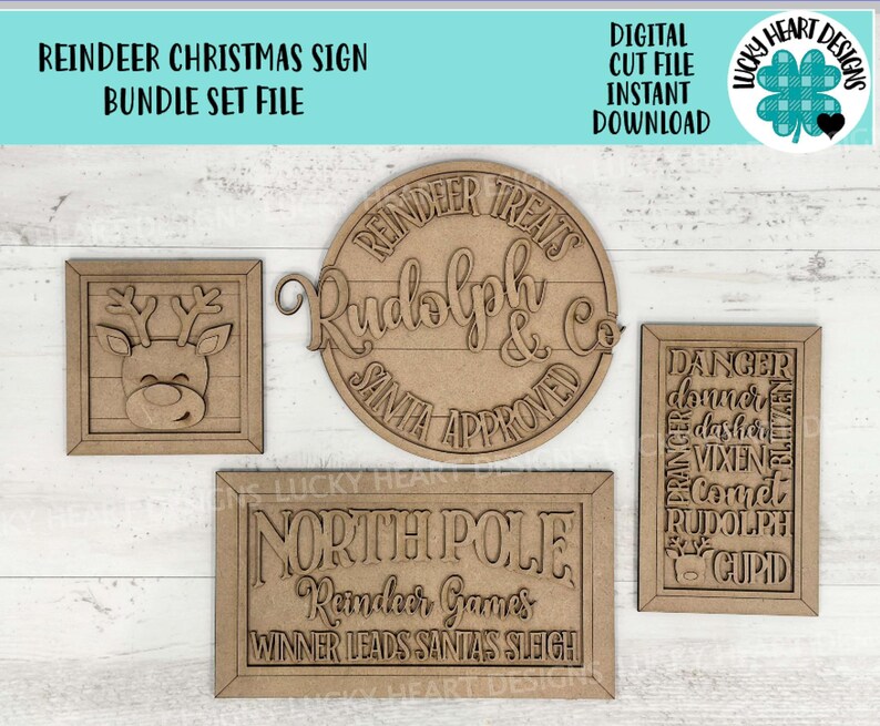 Reindeer Christmas Sign Bundle Set File SVG, Glowforge, Holiday ...