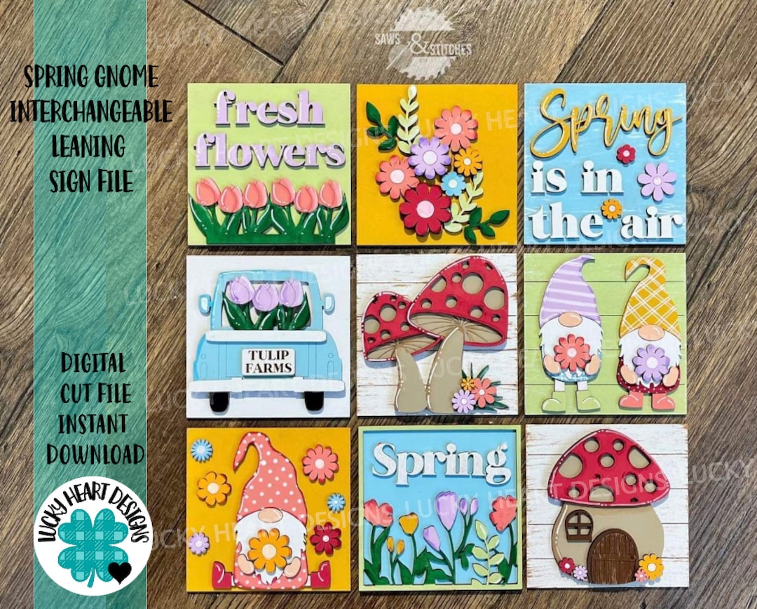 Gnome Spring Interchangeable Leaning Sign File SVG, Tiered Tray ...