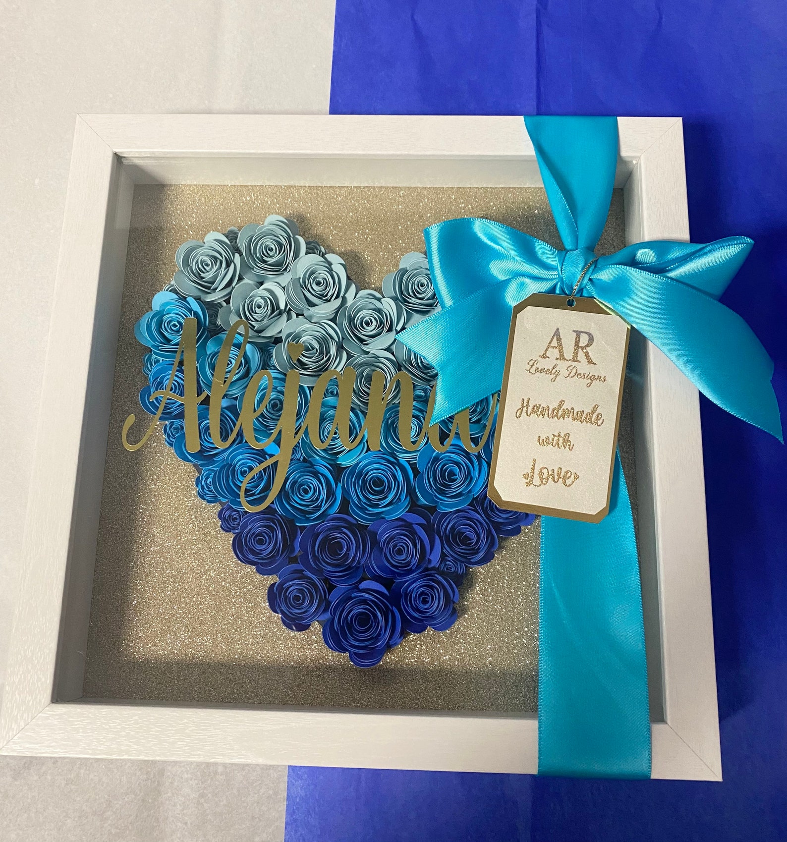 Shades of Blue Floral Heart Shaped Shadow Box. Valentines Day Shadow ...