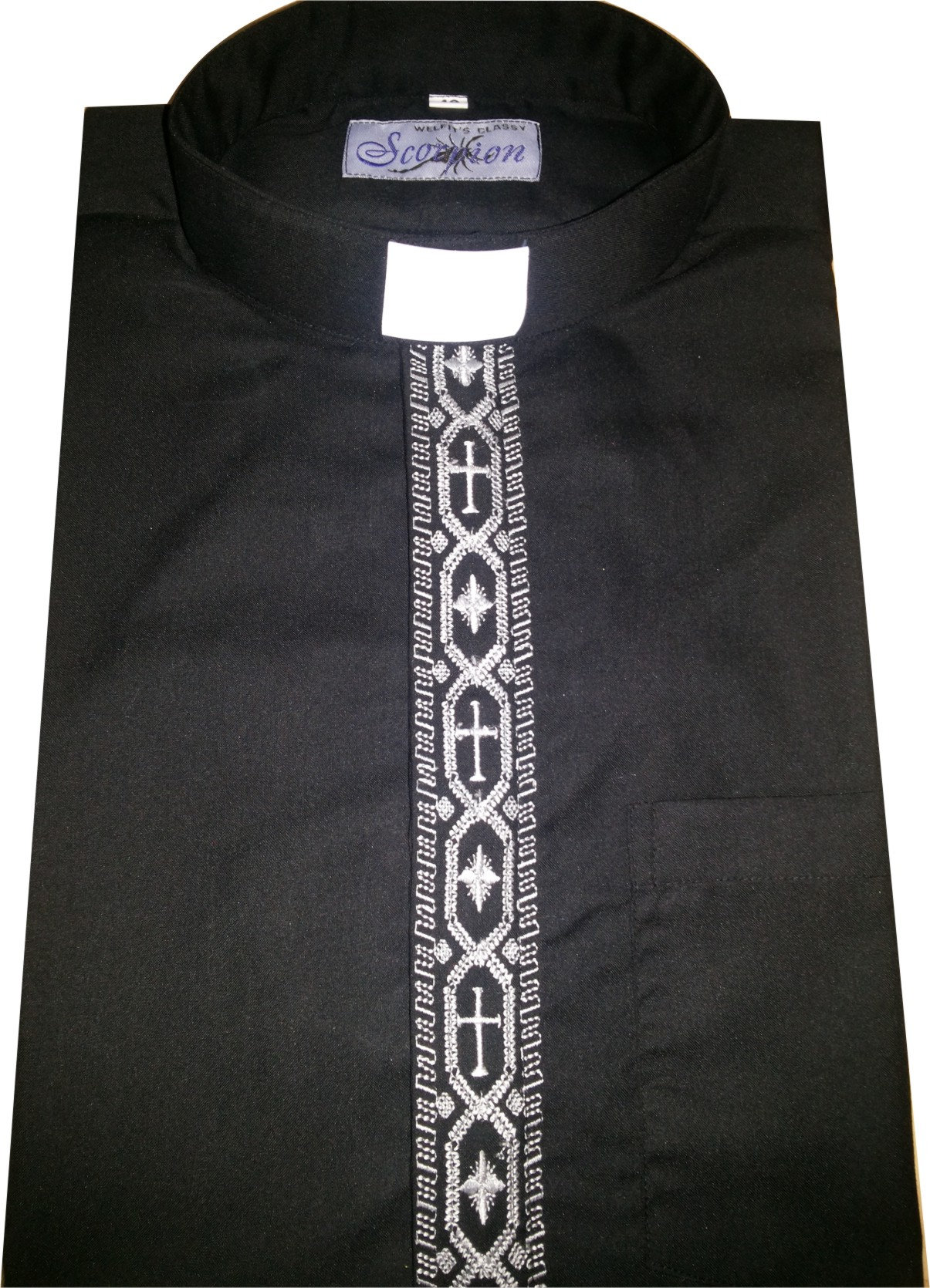 Clergy Clerical Vicar Priest Tab Collar Long Sleeve Embroidered Shirt ...