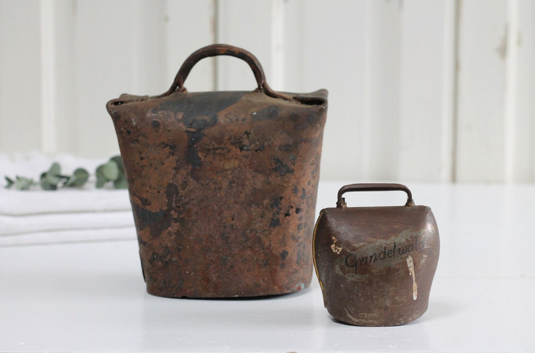 Set of 2 Antique XL Rustic Brass Metal Cow Bell With Clapper, Old ...
