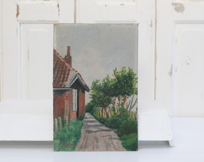 Antique Oil Painting Canvas on Wood Panel, Landscape Scenery Country ...