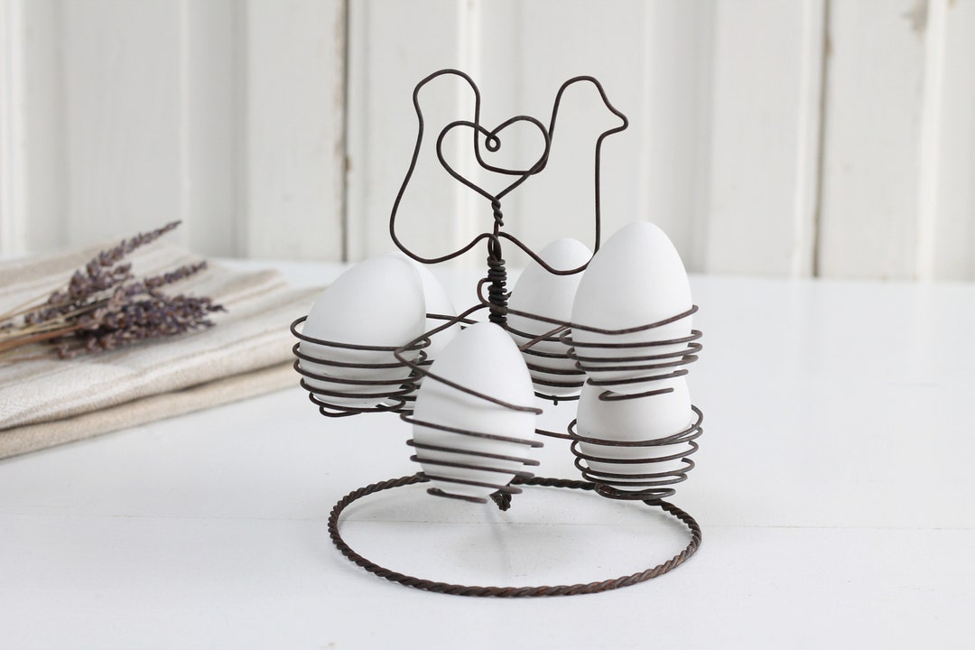 Vintage French Rustic Wire Egg Rack Basket With Rooster on Top, Fil De ...