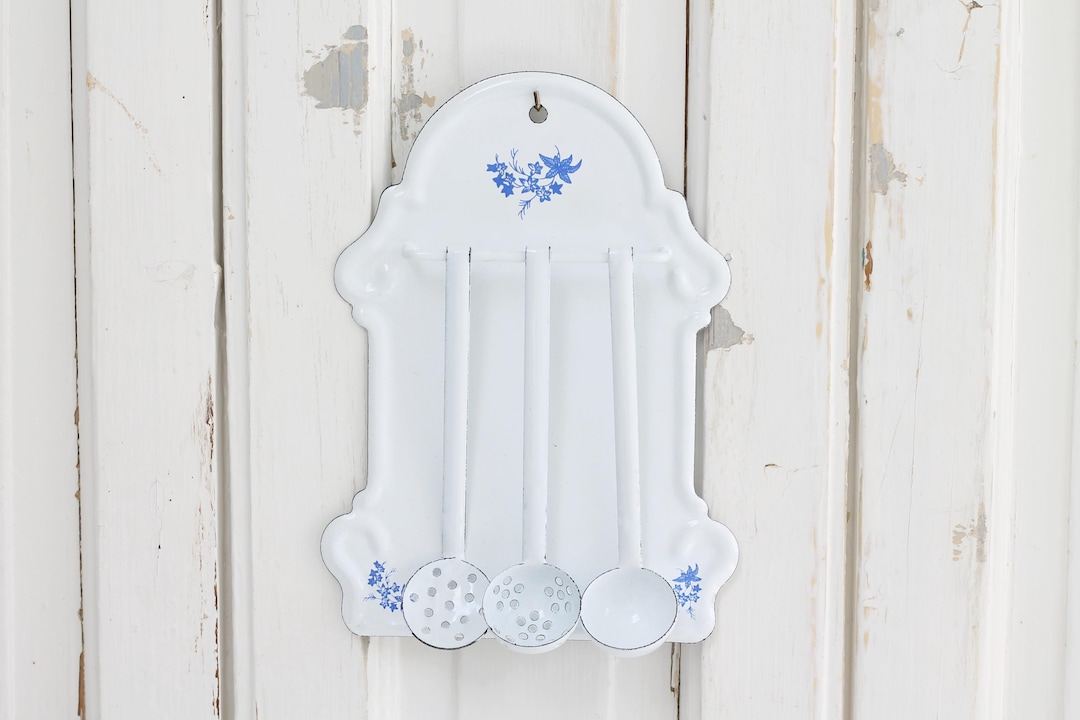 Vintage Little White Enamel Kitchen Spoon Rack for Children, Mini Wall ...