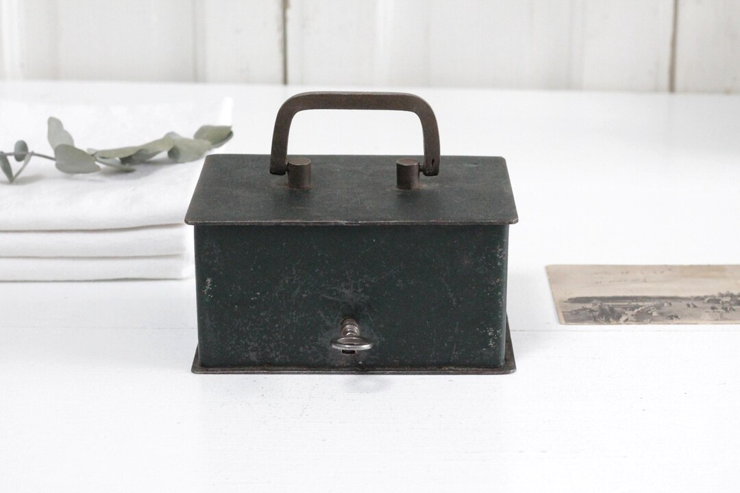 Antique Small Heavy Metal Cash Box, 1800s Deep Green Metal Strongbox ...