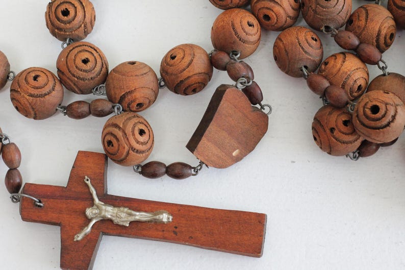 Vintage French XL 45" Wooden Rosary Wood Carved Prayer Beads and Cross ...