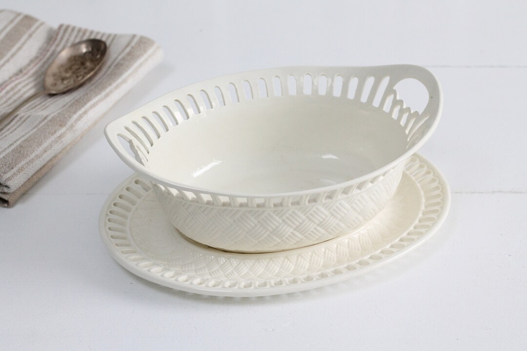 1800s Antique Wedgwood Creamware Chestnut Basket and Matching Oval Dish ...