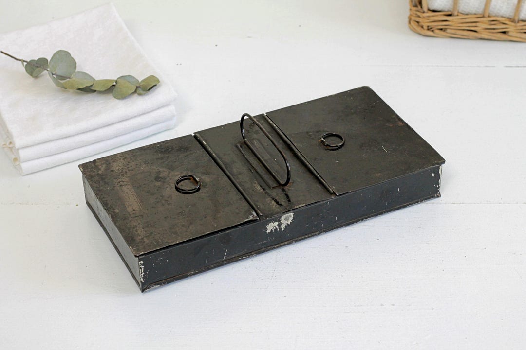Antique Chippy Black Toleware Money Box, Metal Cash Box, Strongbox ...