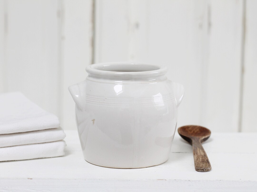Vintage French White Stoneware Crock With Handles, Old Mustard or ...