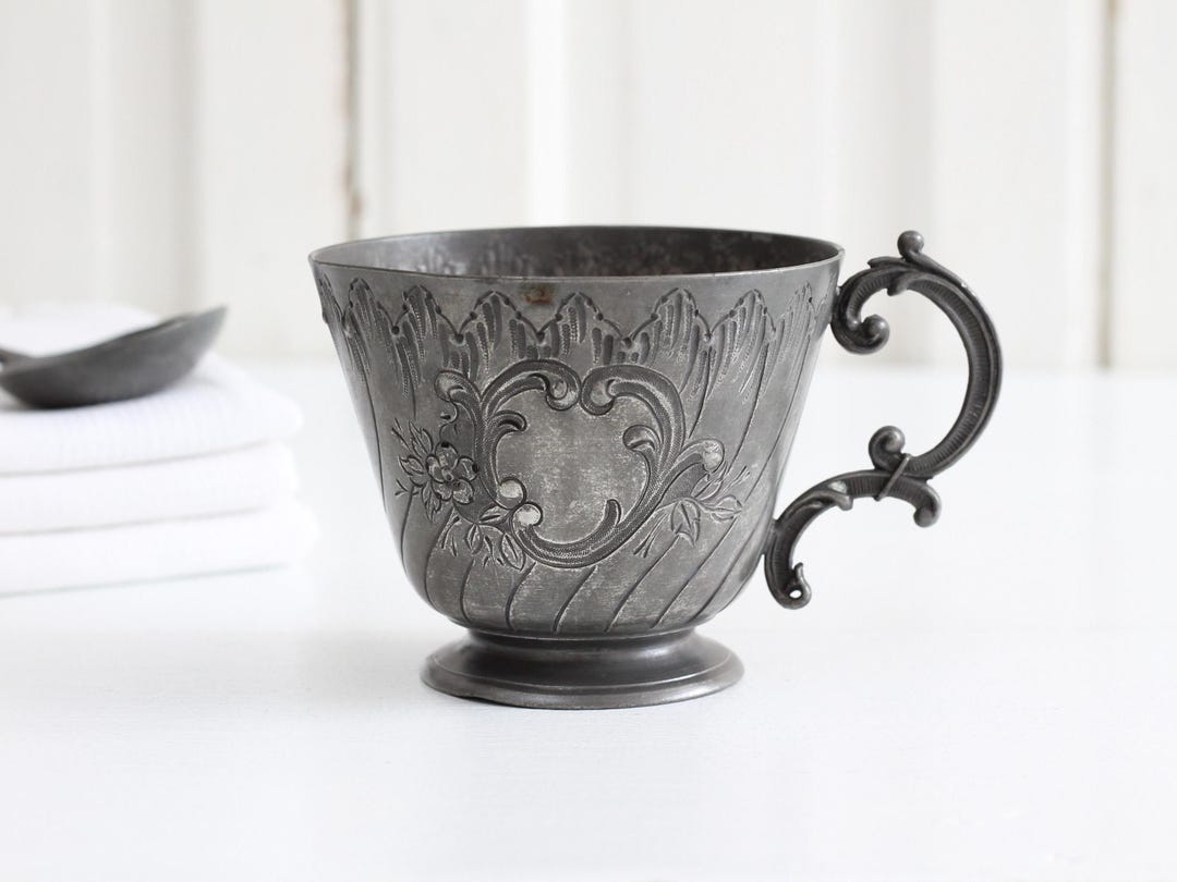 Rare Antique French Ornate Metal Tea Cup With Engraved Floral Decor ...