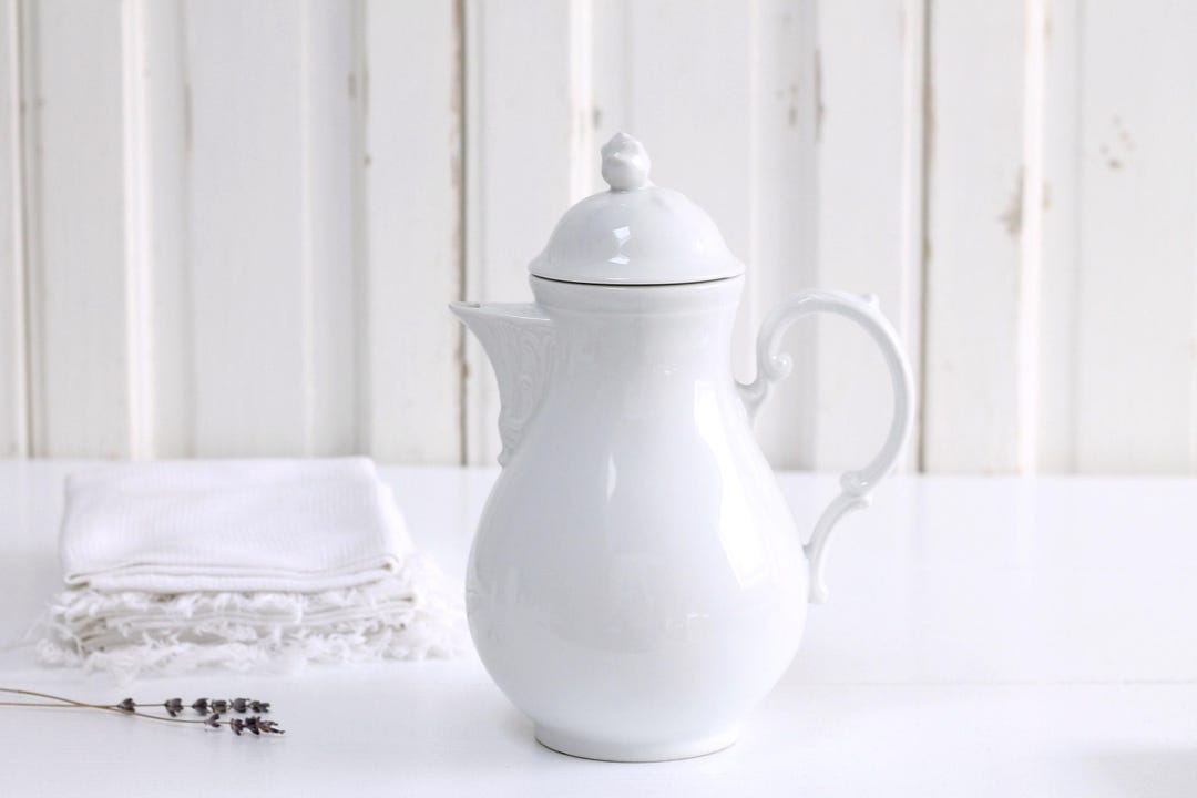 Vintage German White Porcelain Coffee Pot, Tall Ceramic Tea Pot, Ornate ...